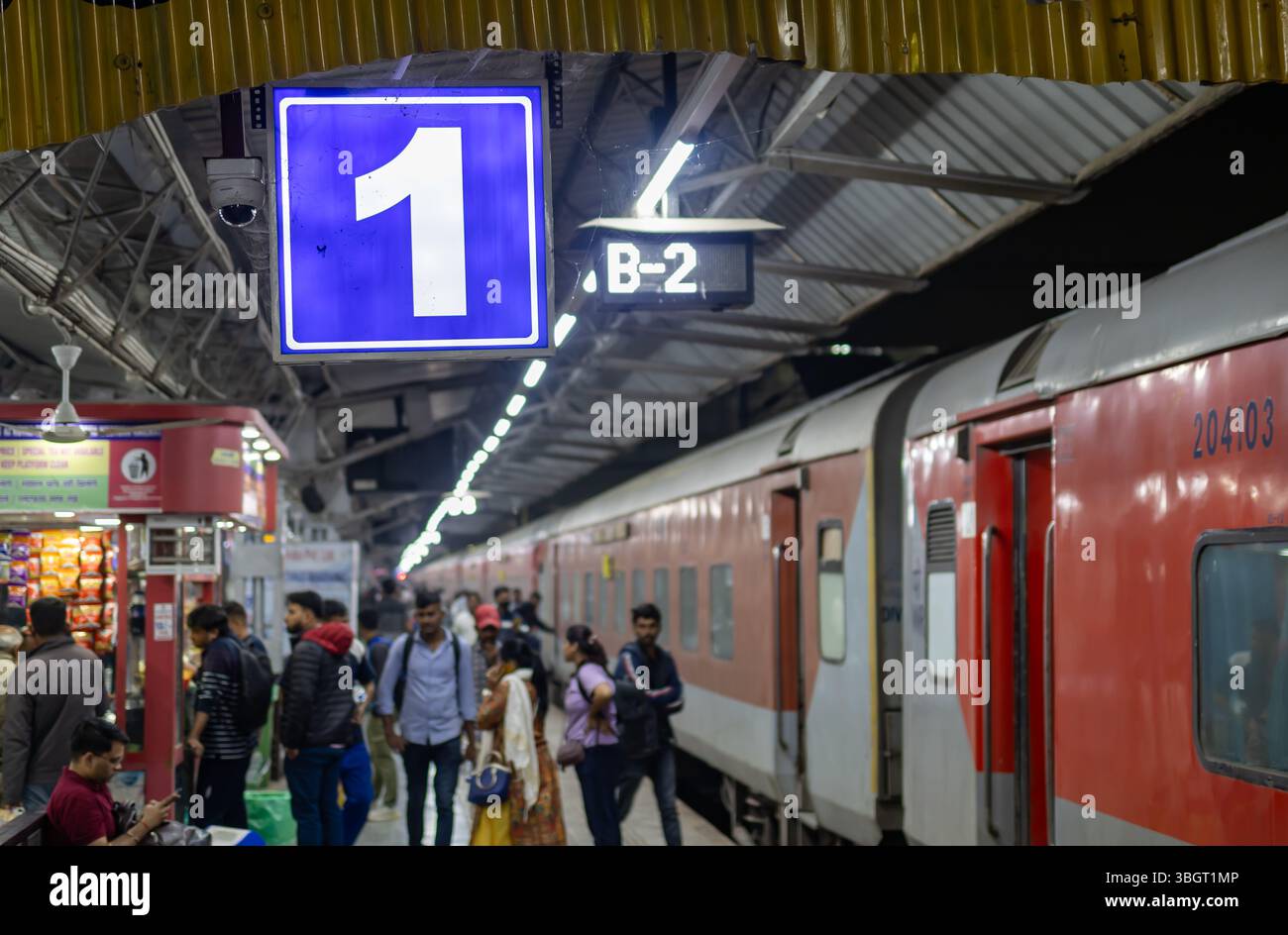 platform no one sign board with passenger train background at evening ...