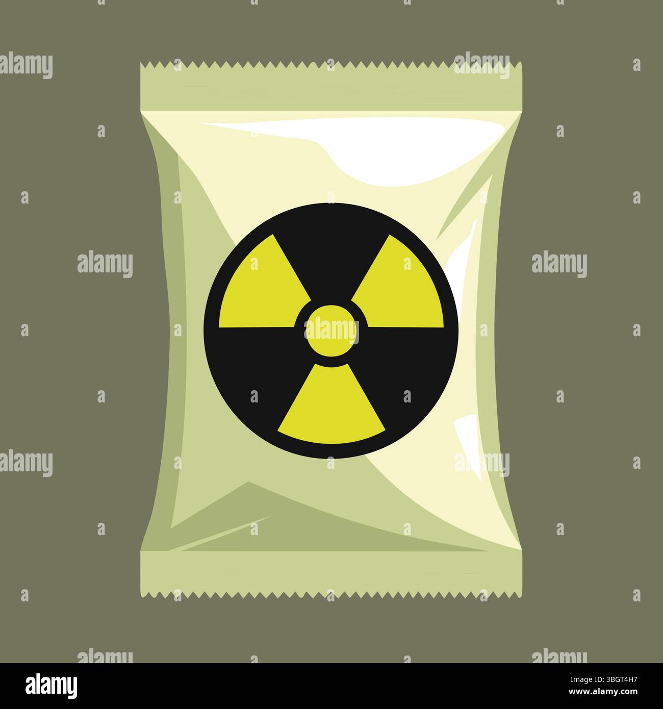 A pale green snack package with a radiation symbol is centered on an ...