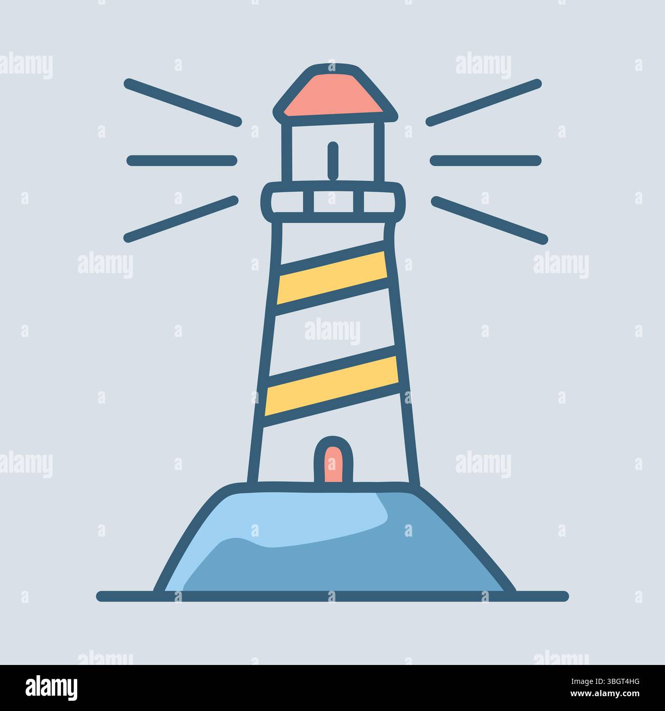 A cartoon illustration of a lighthouse with yellow stripes, emitting ...
