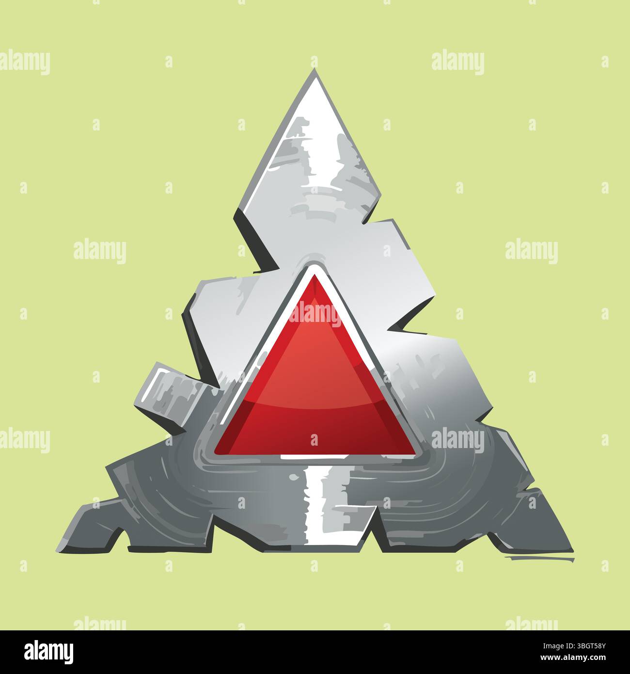 Abstract metallic triangle with a red triangle center on a light green ...