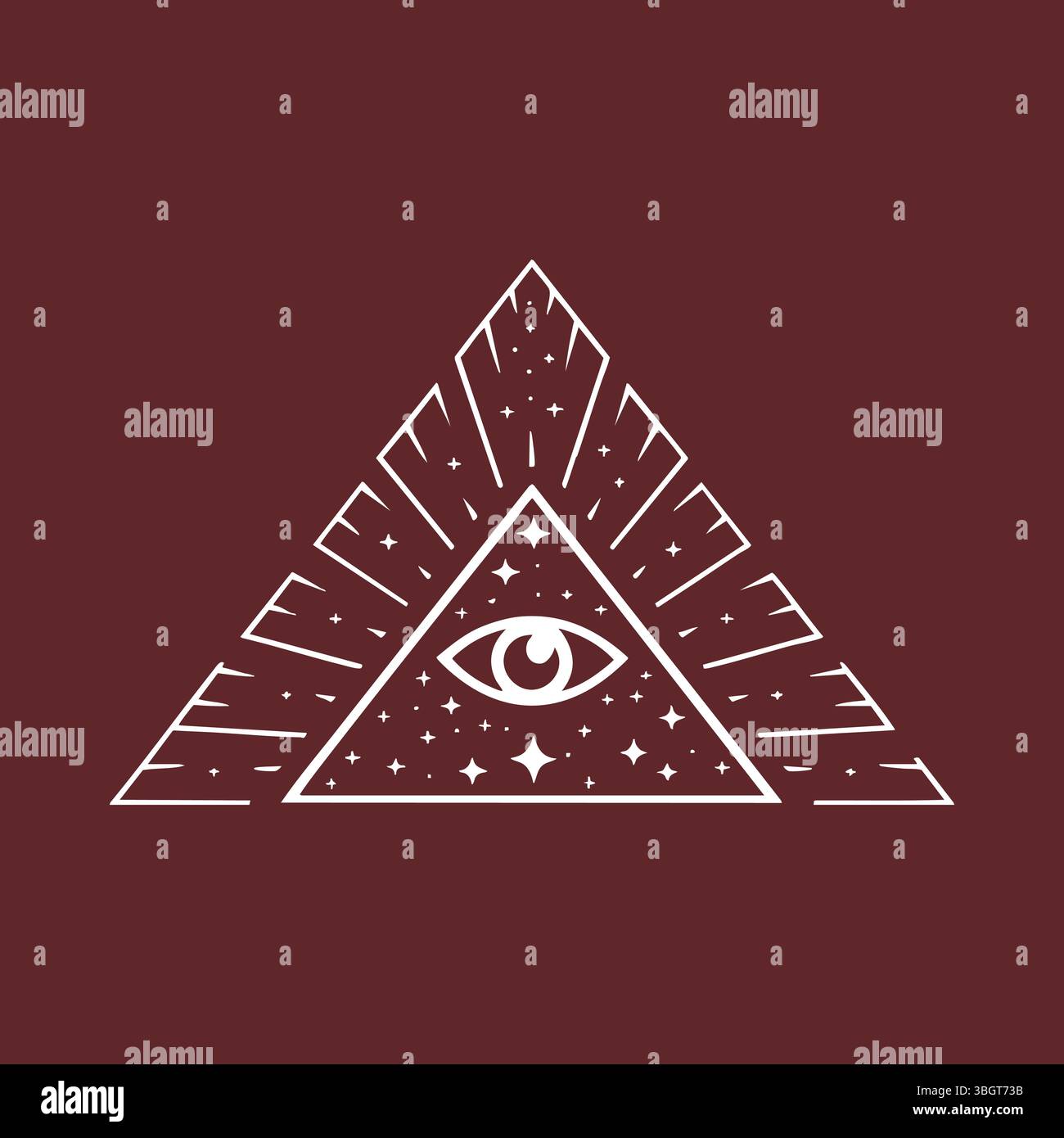 White outline of an eye inside a triangle with stars and rays on a ...