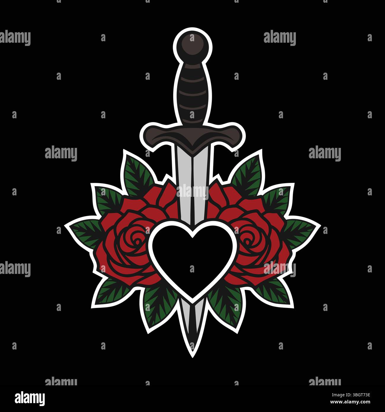 A dagger pierces a heart, flanked by red roses with green leaves, on a ...