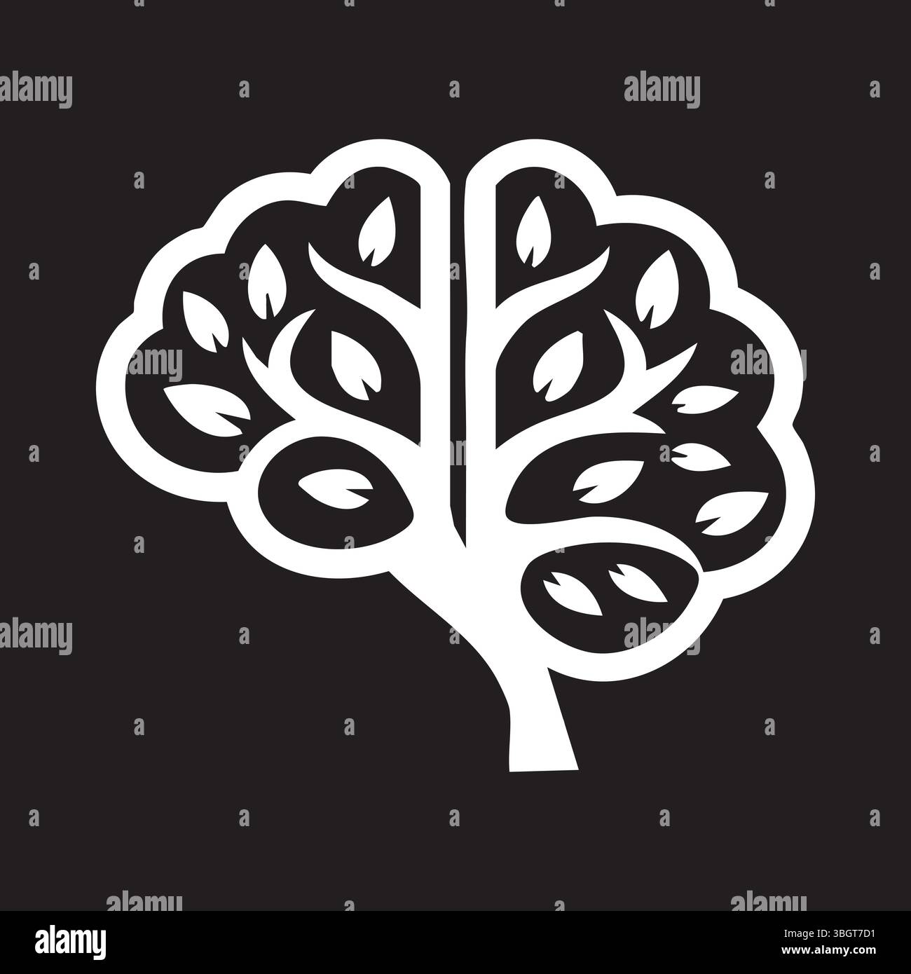 A white stylized brain shaped like a tree with leaves, set against a ...