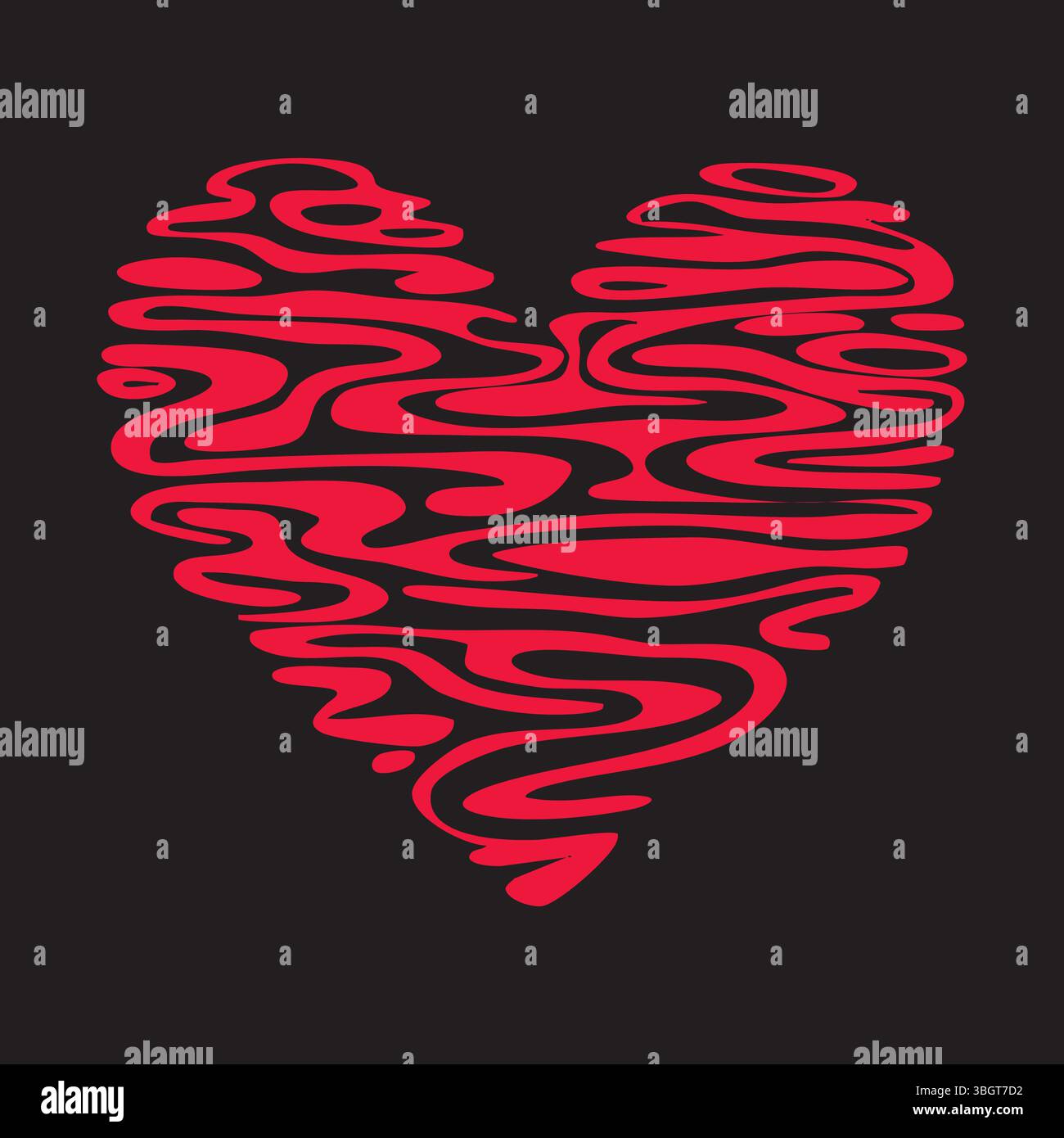 Abstract red heart shape filled with wavy lines on a black background ...