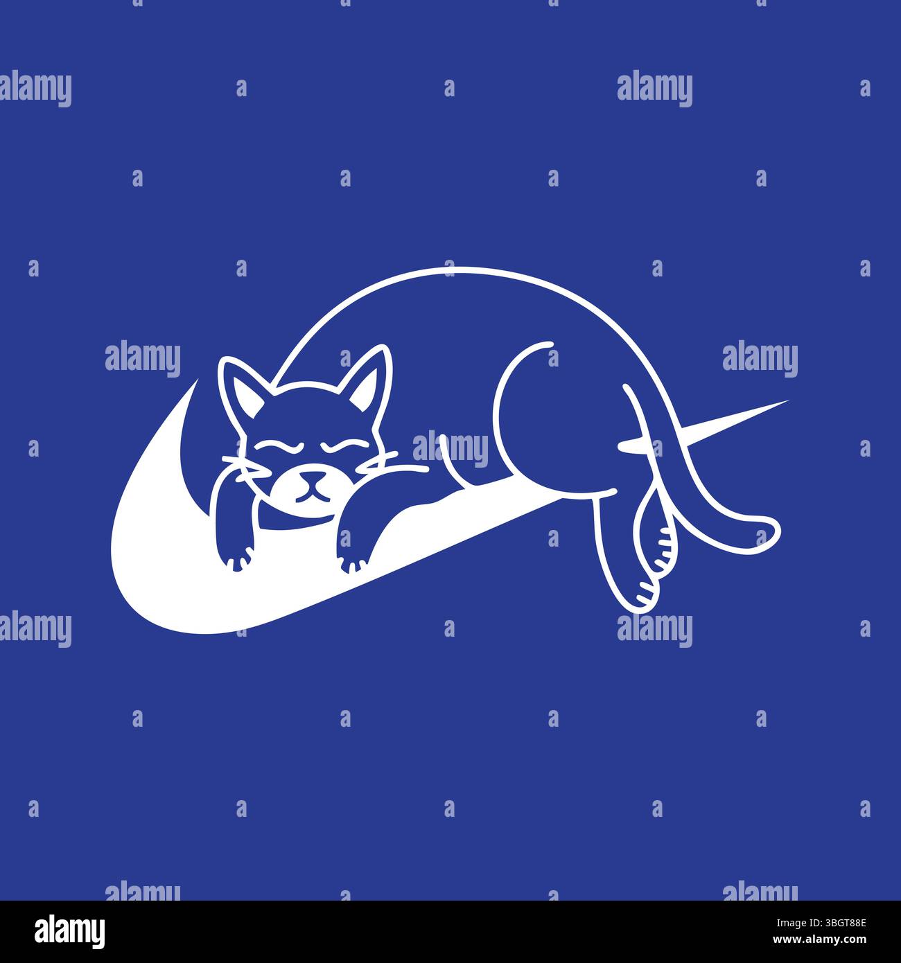 A stylized white outline of a sleeping cat resting on a white swoosh ...