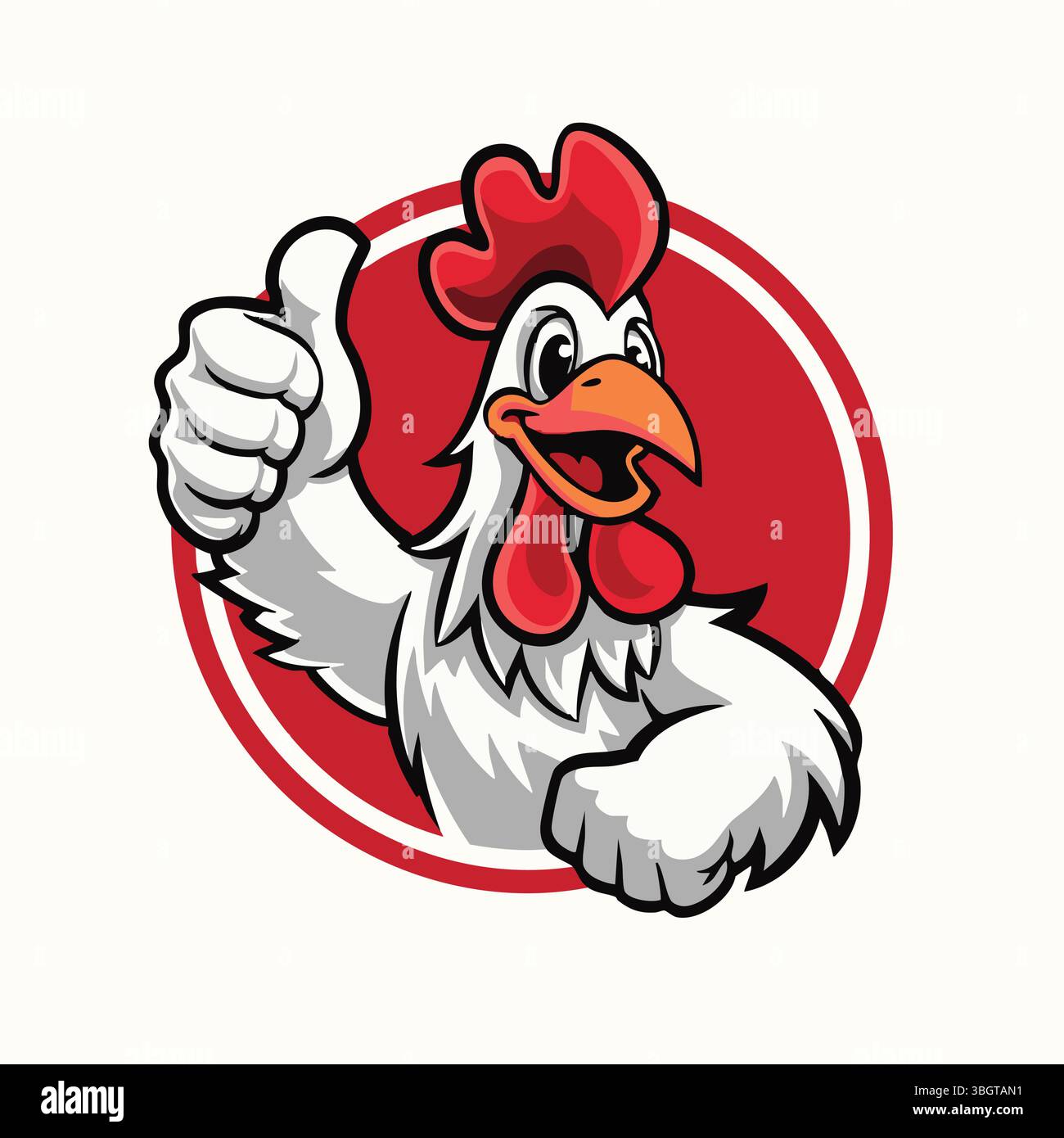 Cartoon rooster mascot giving a thumbs up. The rooster is inside a red ...