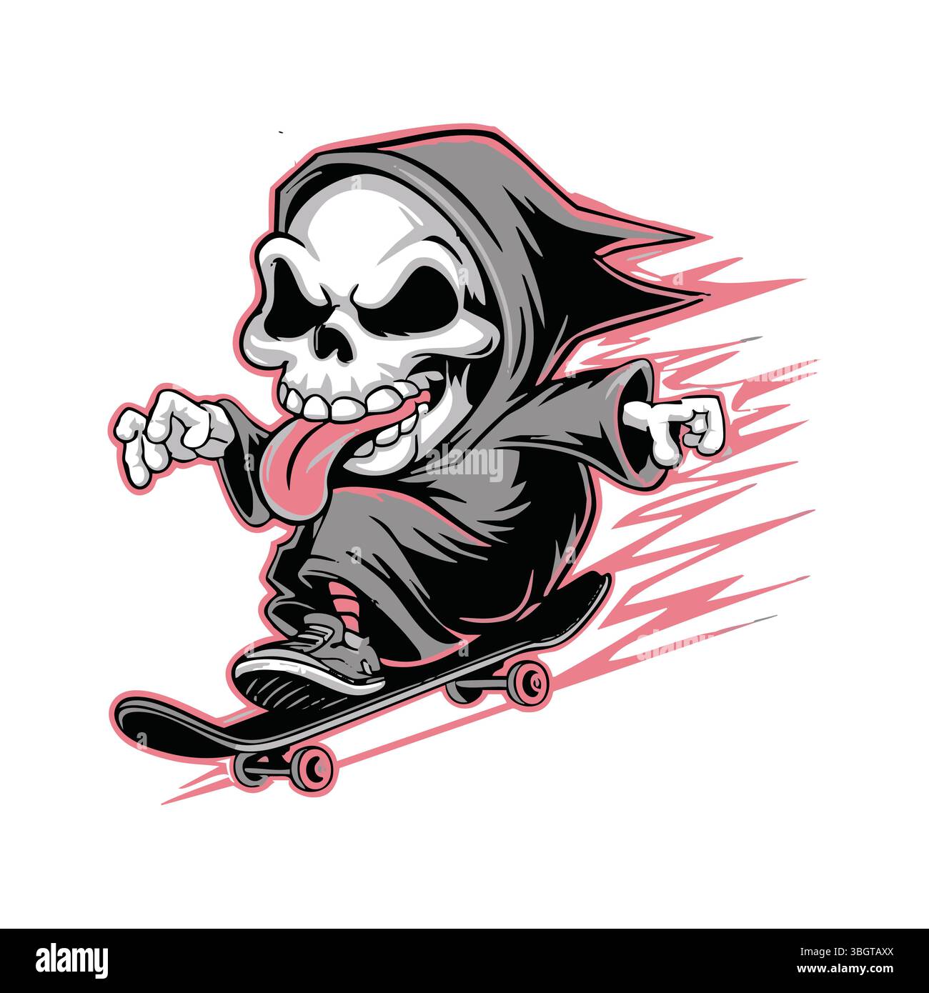Cartoon grim reaper with tongue out, skateboarding with pink lightning ...
