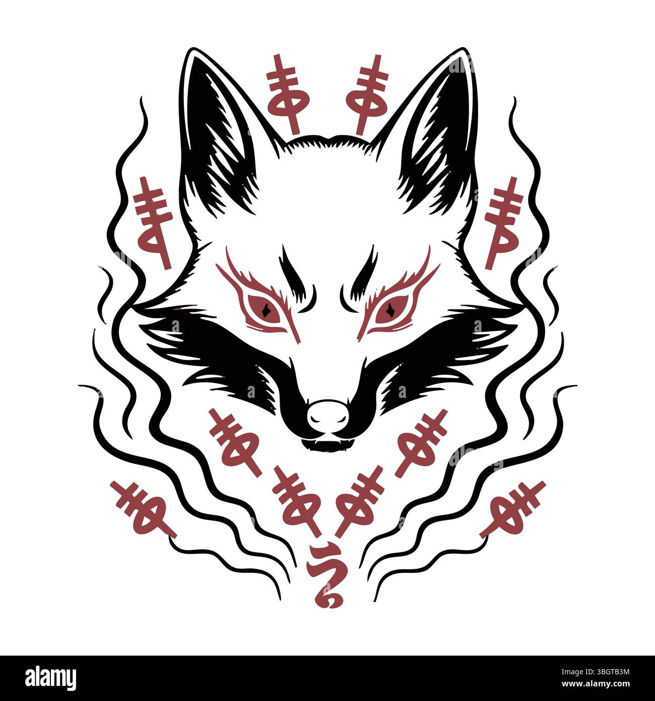 Illustration of a Kitsune spirit with red eyes, surrounded by mystical ...