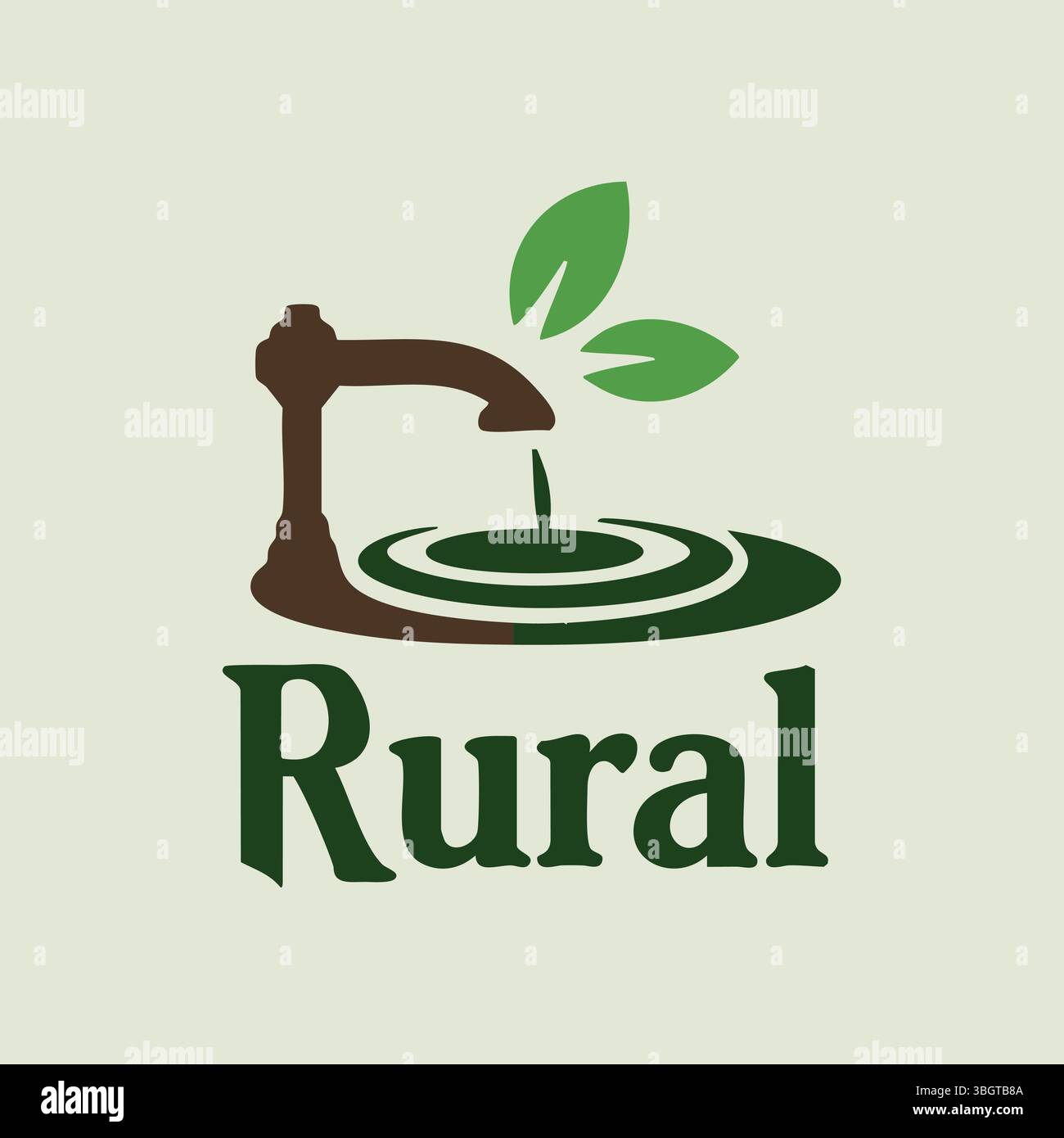 A logo featuring a brown faucet, green leaves, and concentric rings ...