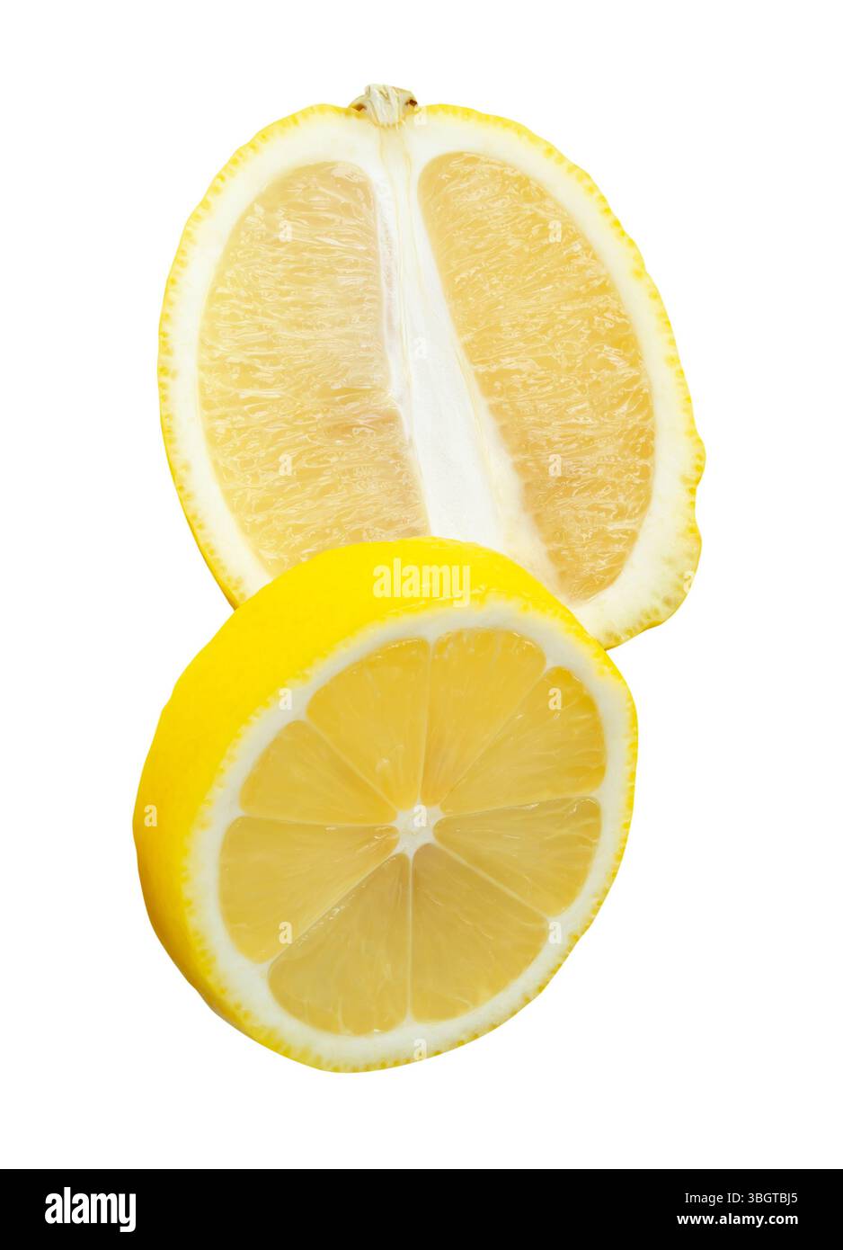 Front view of ripe yellow lemon fruit in slices in circle and oval ...