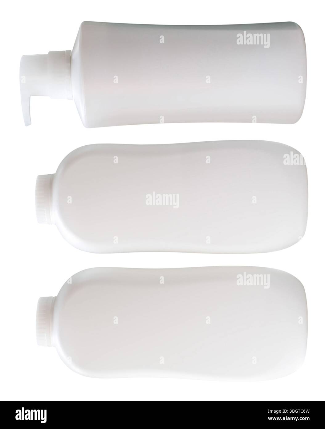 Set of three white shampoo or hair conditioner and powder bottle or ...