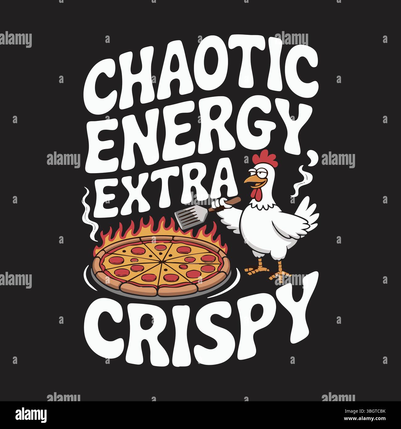 Cartoon chicken holding a pizza server next to a pizza with text ...