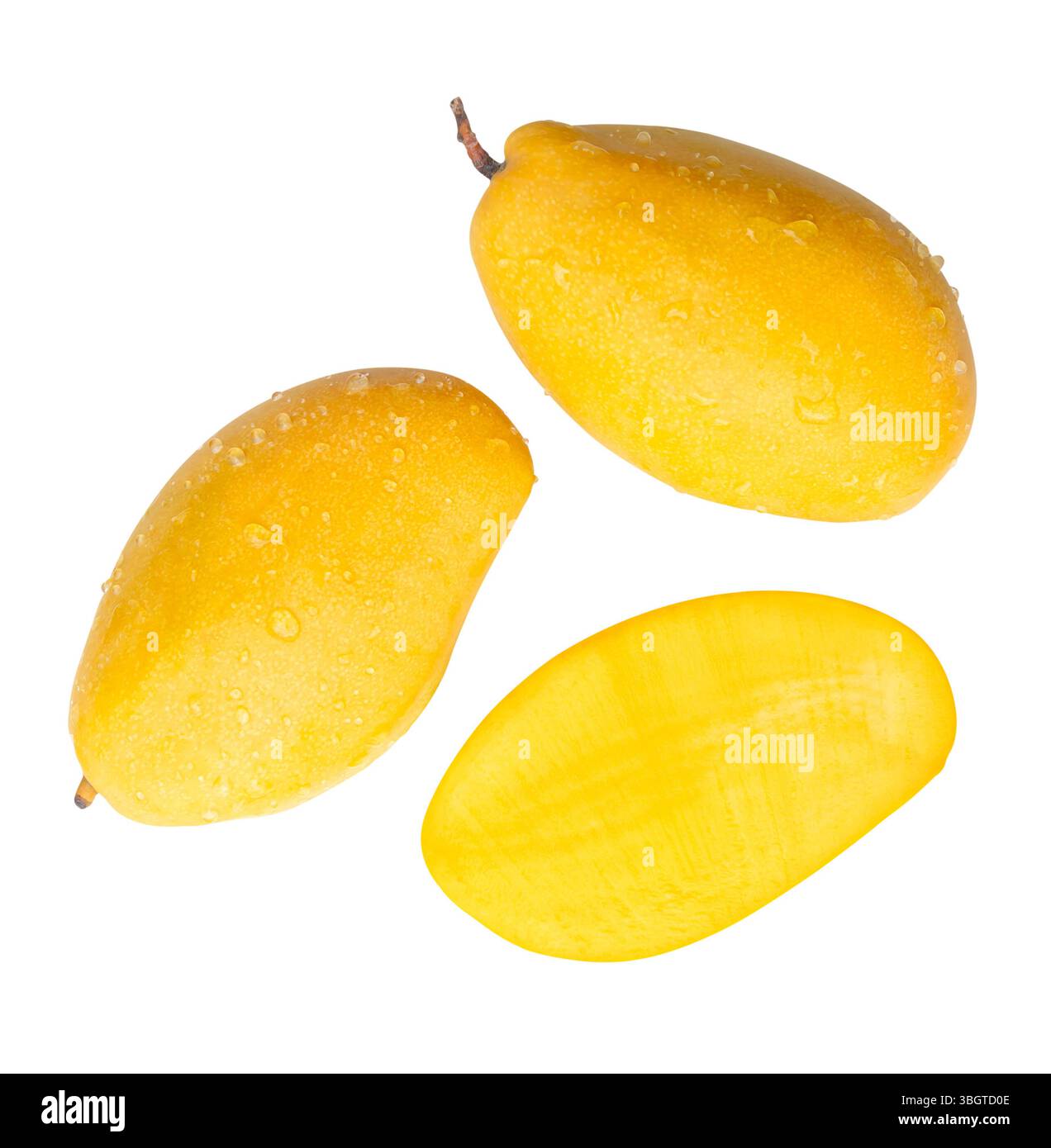 Top view set of two ripe yellow mangoes with half and water droplets is ...