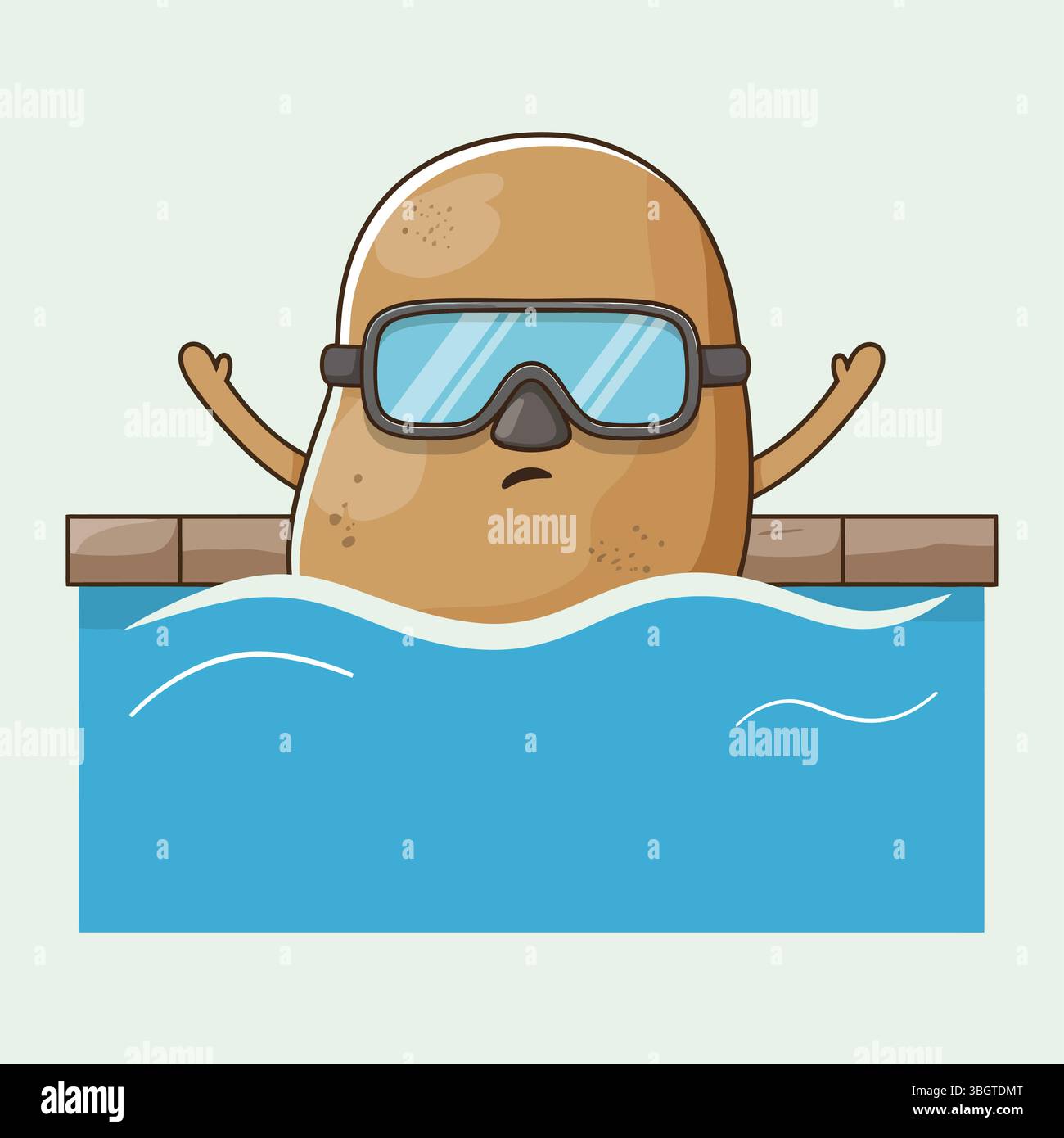 A cartoon potato wearing swimming goggles is relaxing in a pool with ...