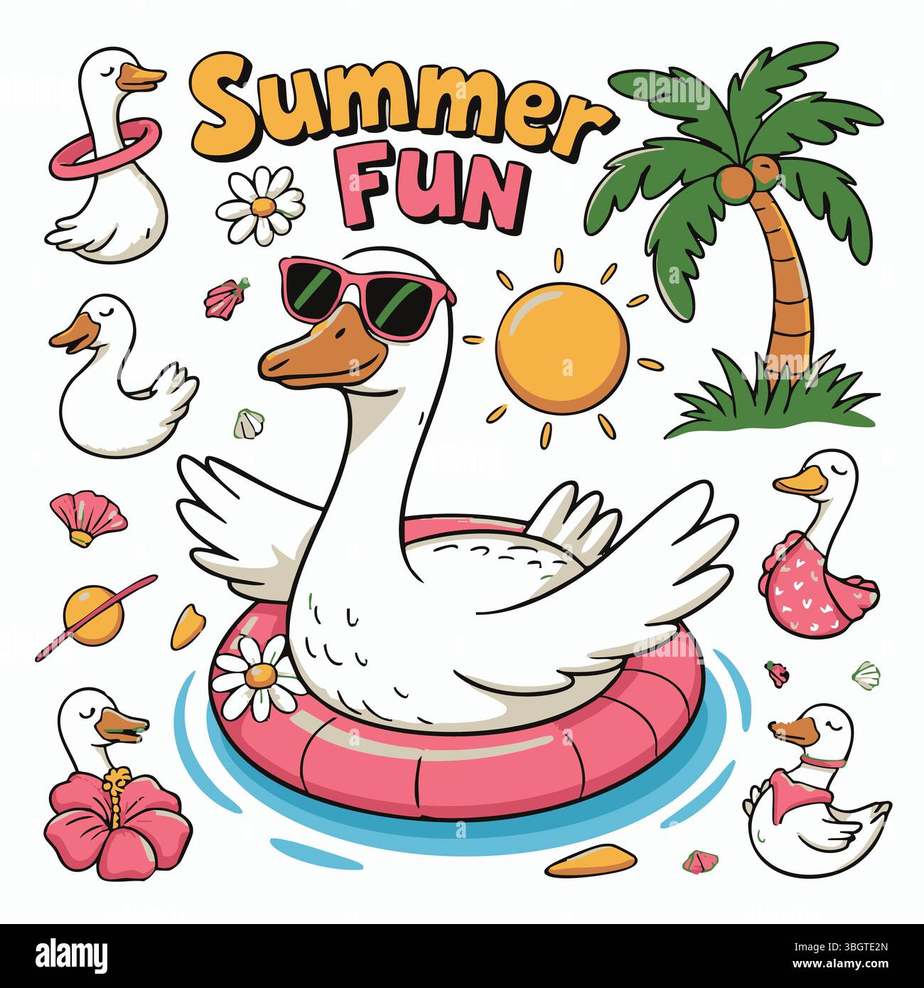 Cartoon illustration featuring a goose wearing sunglasses in a pool ...