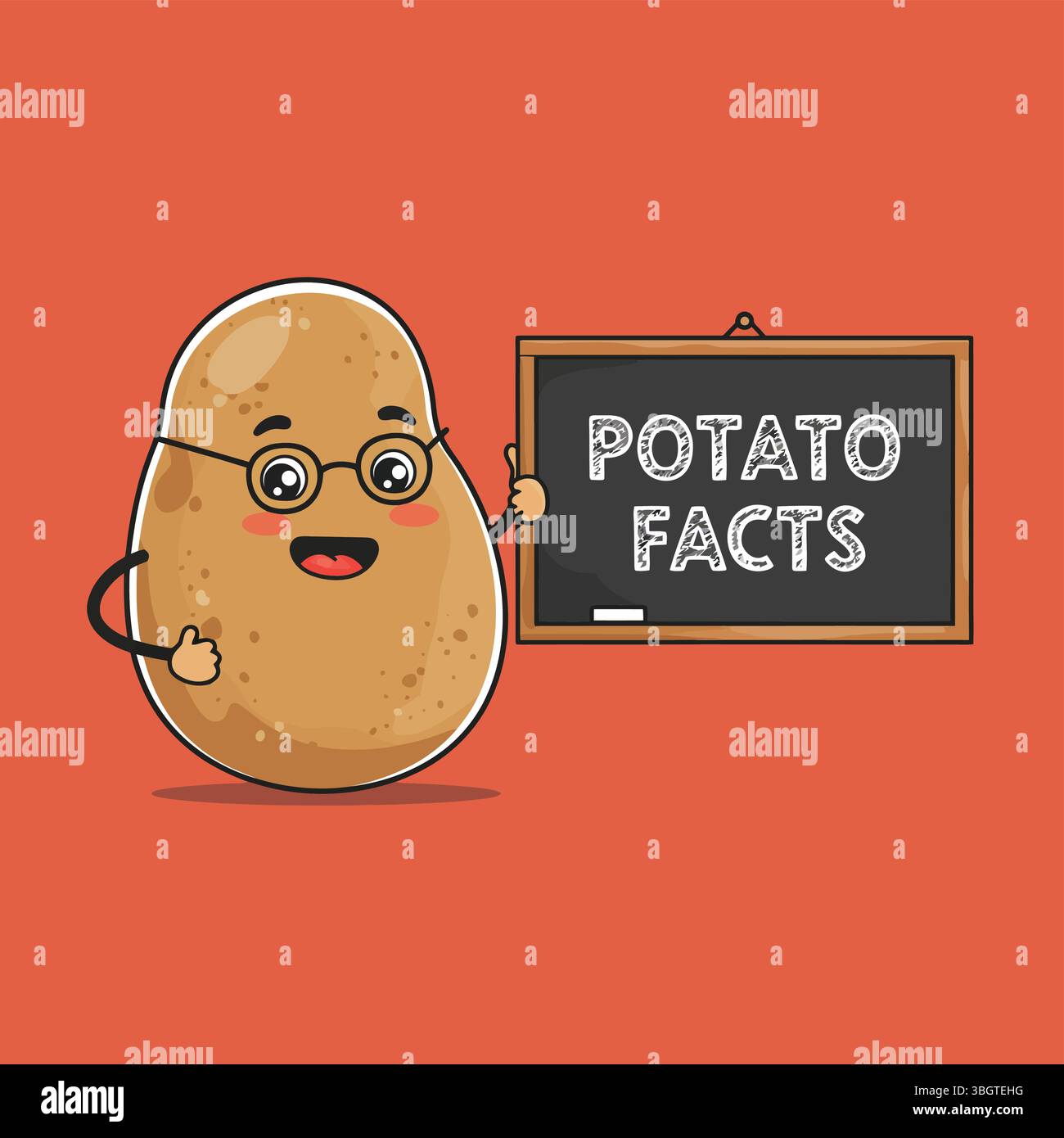 A cartoon potato character with glasses stands next to a chalkboard ...