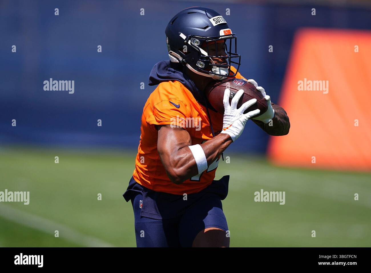 Denver Broncos wide receiver Courtland Sutton (14) takes part in drills during an NFL football ...