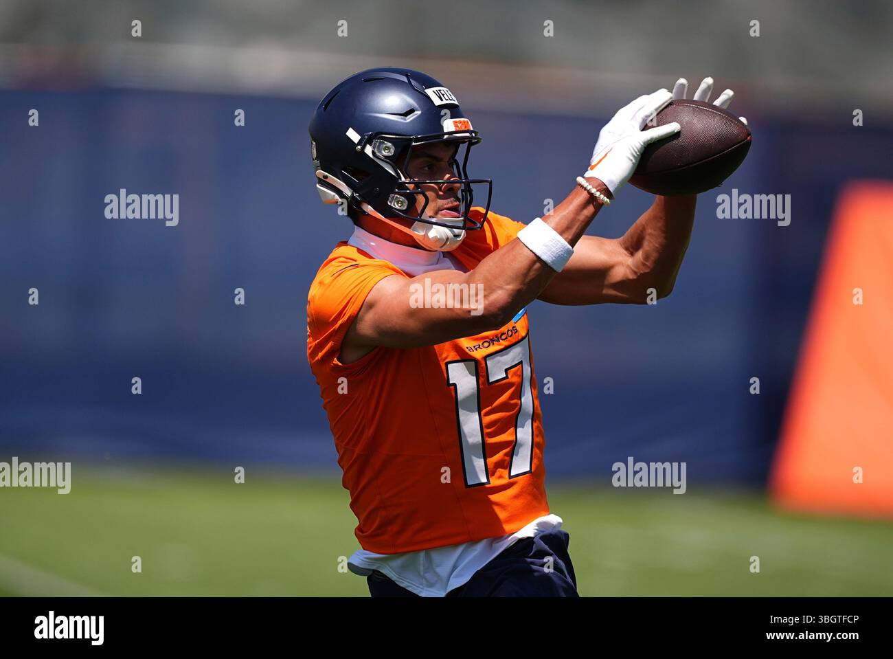 Denver Broncos wide receiver Devaughn Vele (17) takes part in drills ...