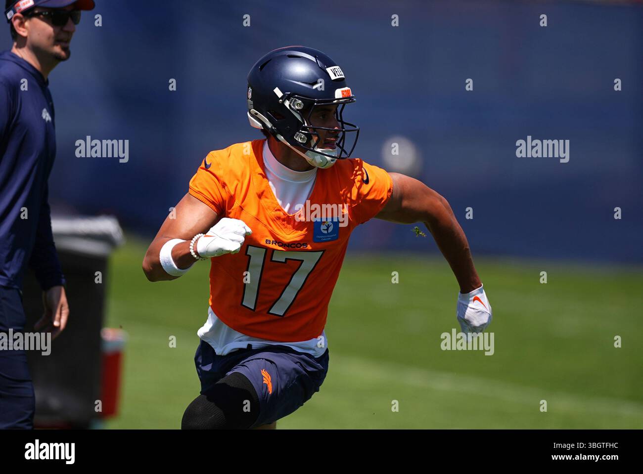Denver Broncos wide receiver Devaughn Vele (17) takes part in drills during an NFL football team ...