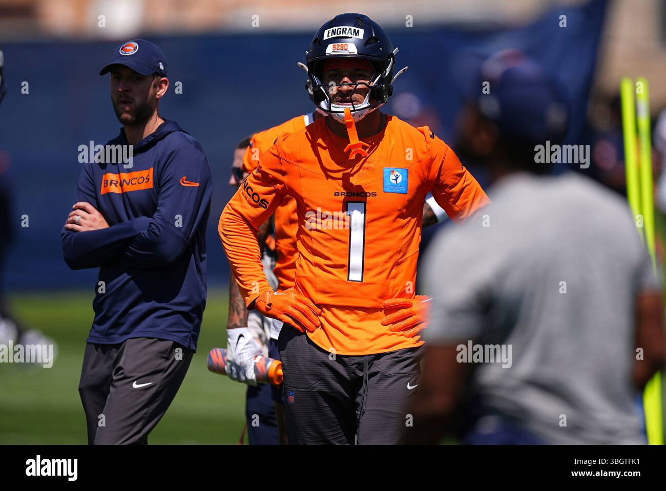 Denver Broncos tight end Evan Engram (1) takes part in drills during an NFL football team ...