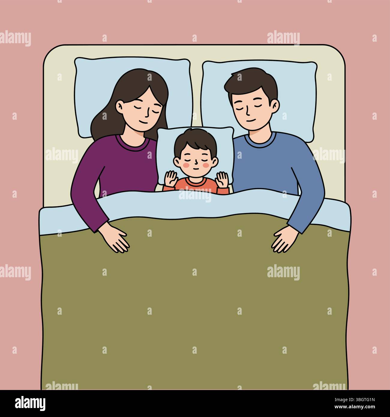 Cartoon illustration of a family sleeping in bed, including a mother ...
