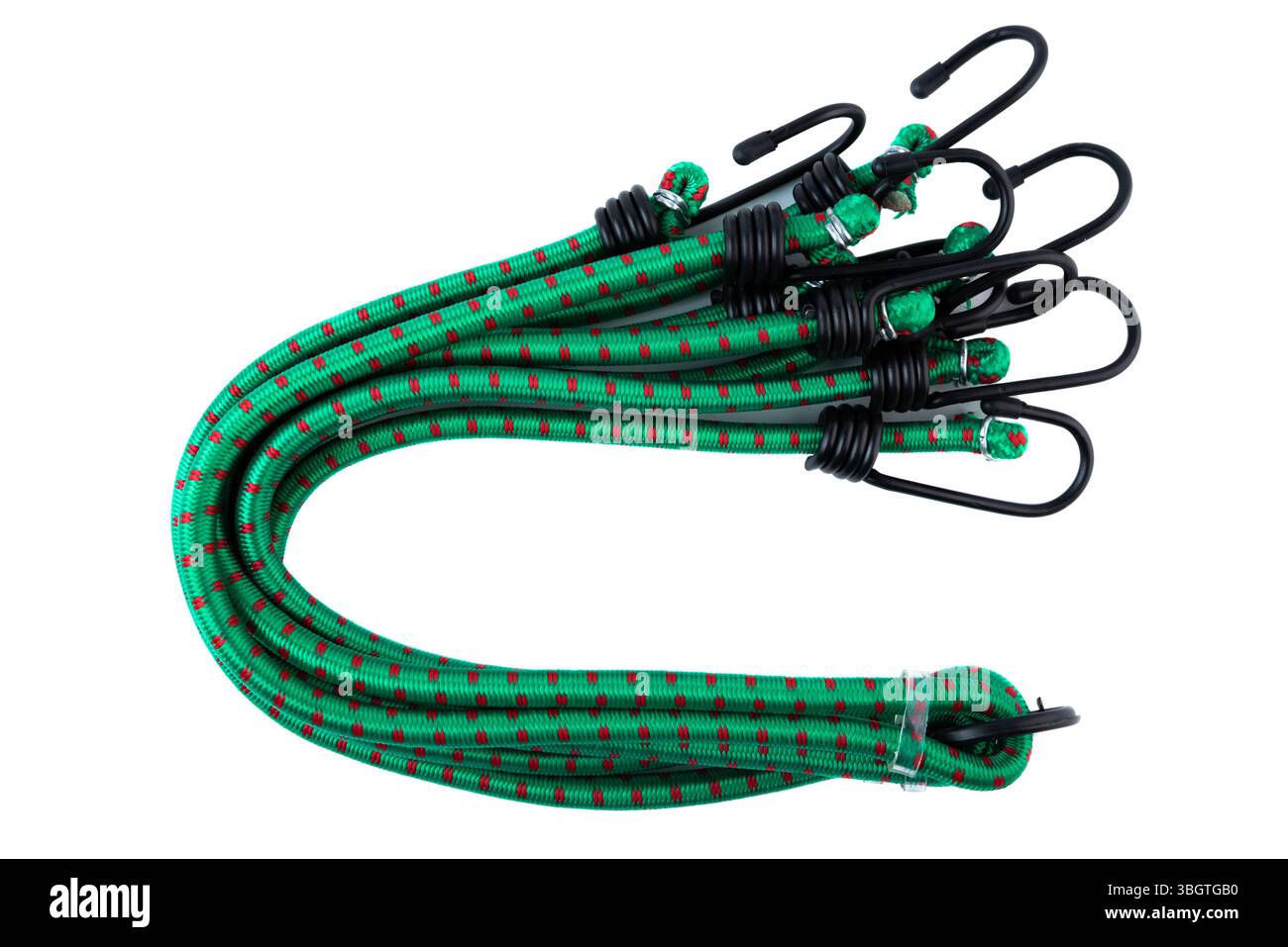 Set of green bungee cords with black metal hooks, coiled together and ...