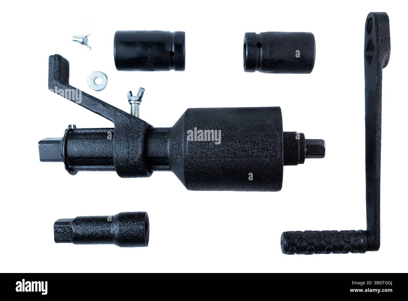 Disassembled manual impact wrench tool kit with handle, sockets ...