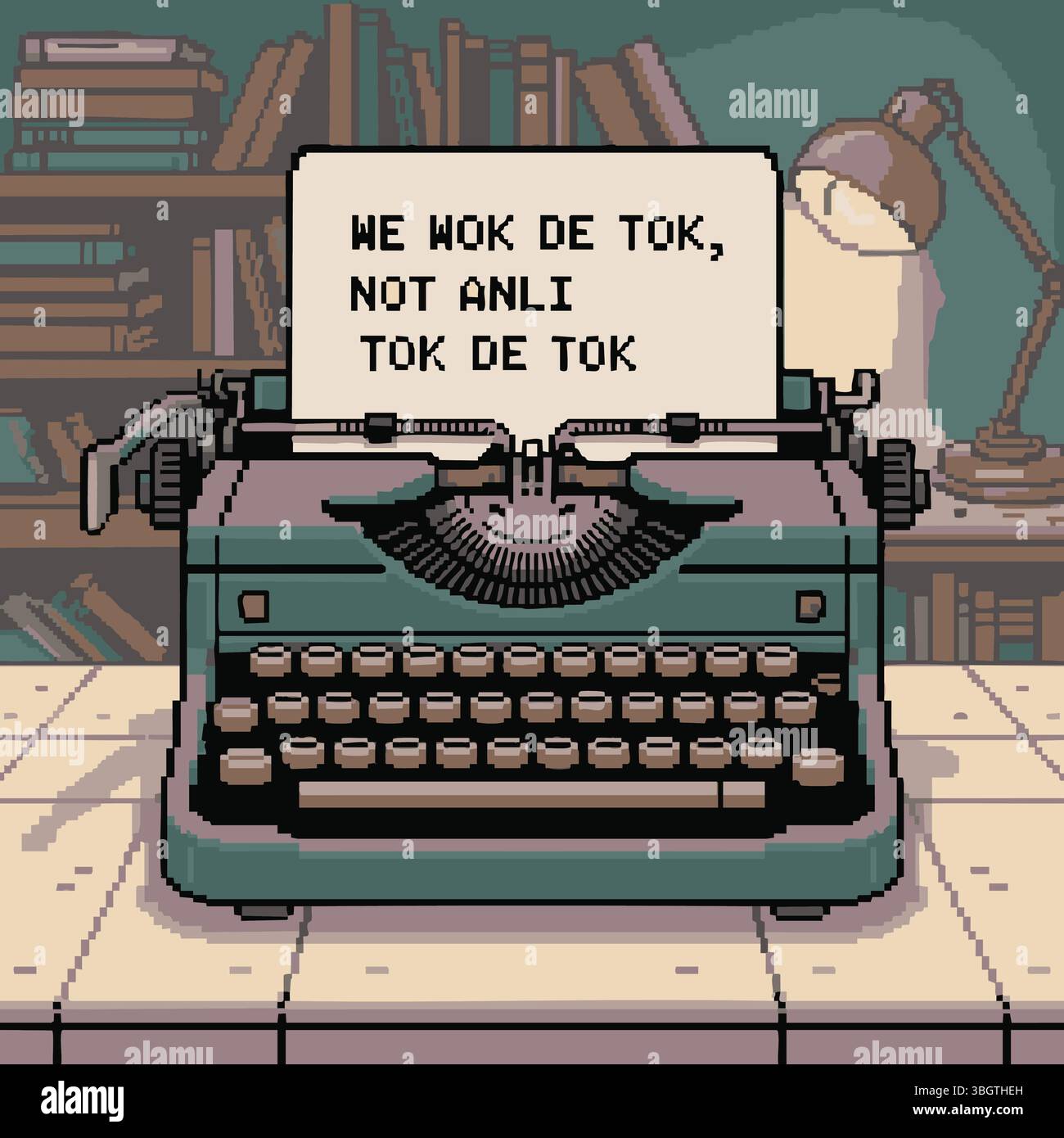 Pixel art of a typewriter with paper, reading "WE WOK DE TOK, NOT ANLI ...
