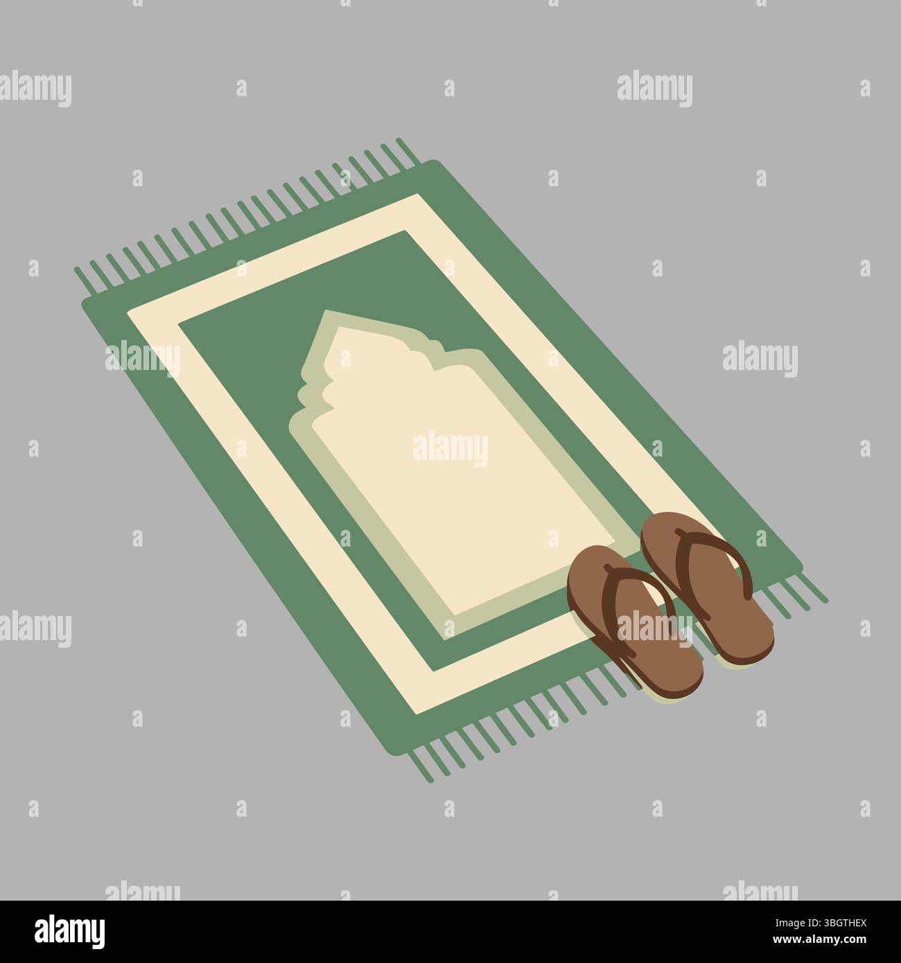 A prayer rug with sandals on a gray background, symbolizing Islamic ...