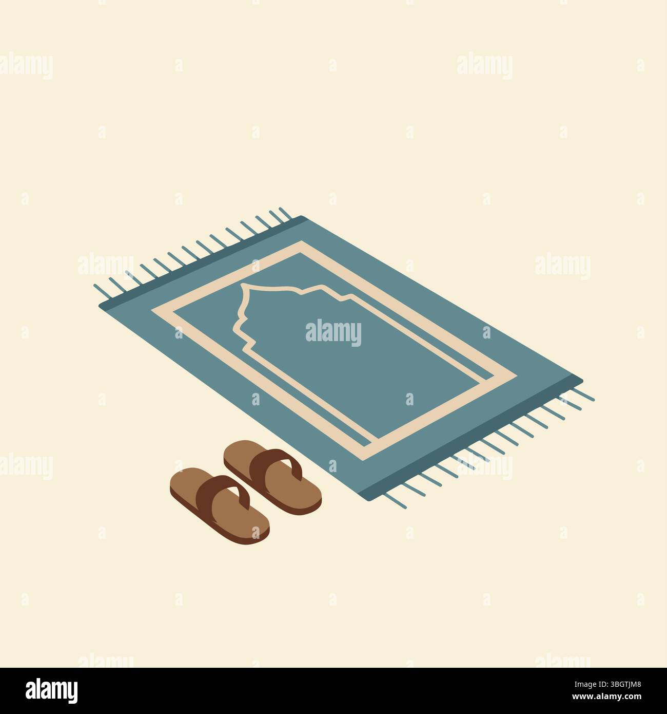 A prayer rug with slippers, symbolizing Islamic faith. The rug is blue ...