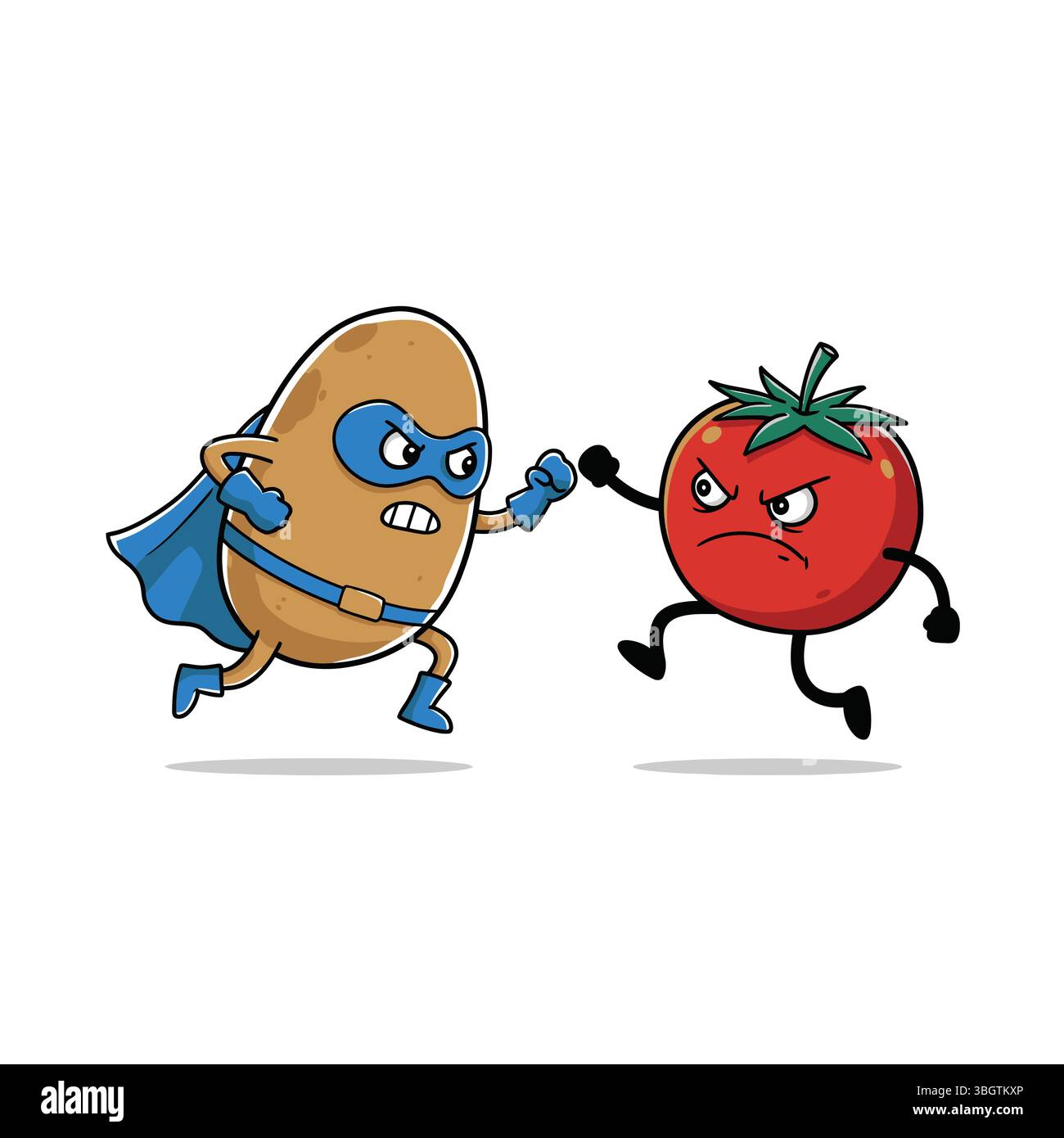 A cartoon image shows a potato superhero ready to fight an angry tomato ...
