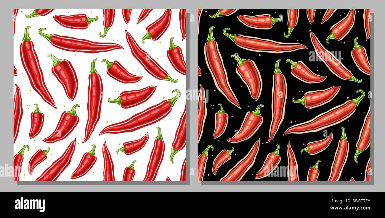 Vector Chili Pepper seamless patterns, two backgrounds with cartoon ...