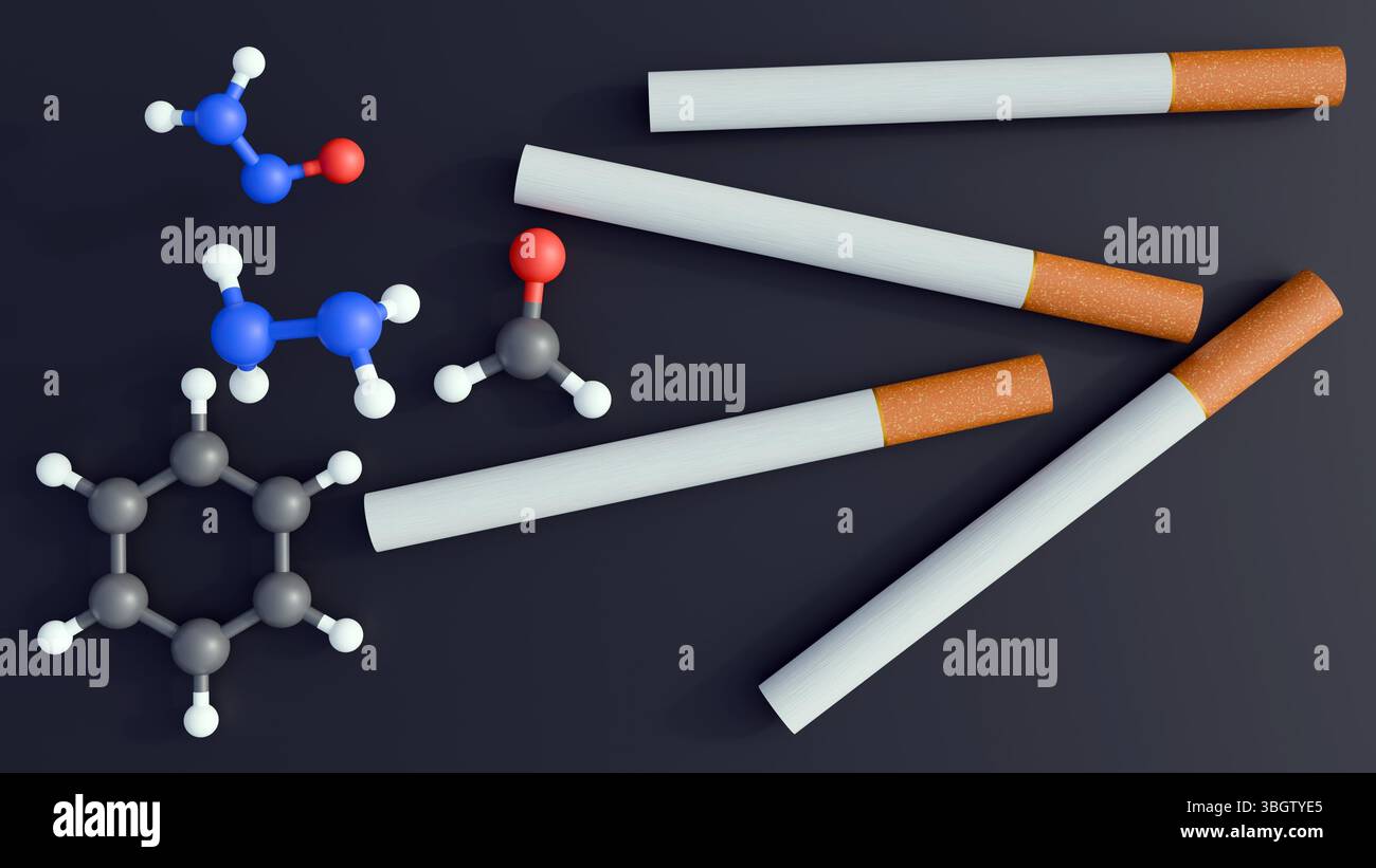 A 3d rendering of scattered molecular structures and the cigarettes ...