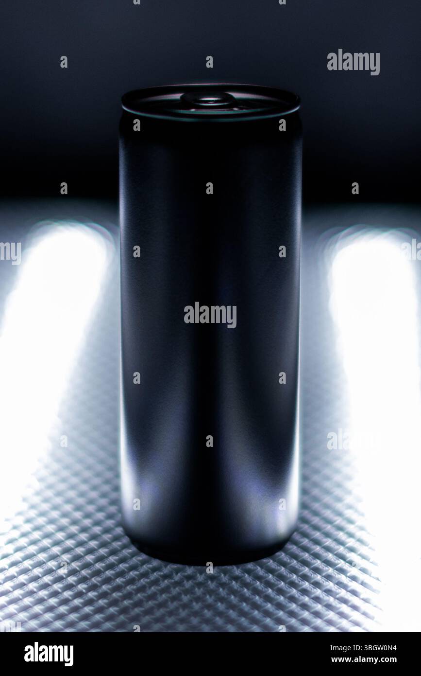 Black Aluminum Can with Futuristic Lighting on Metallic Surface Stock ...