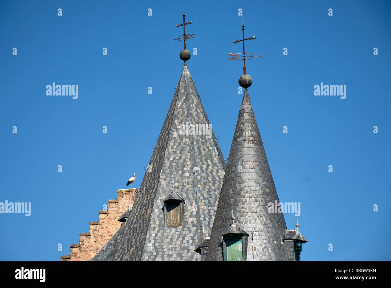 The iconic slate-covered conical towers of the Alcazar of Segovia reach ...