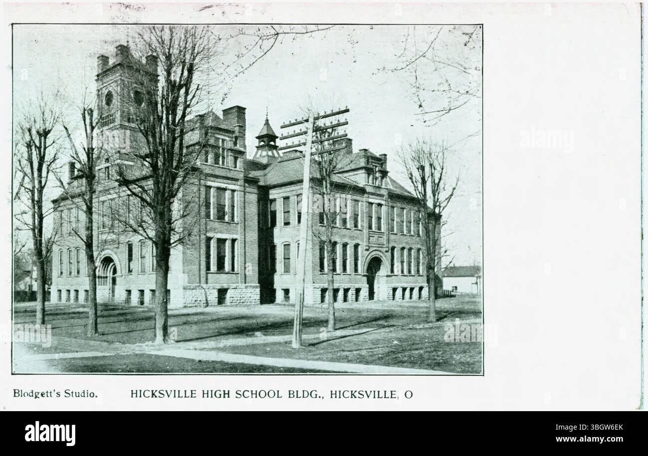 A 1908 image of Hicksville High School in Hicksville, Ohio, showcasing ...