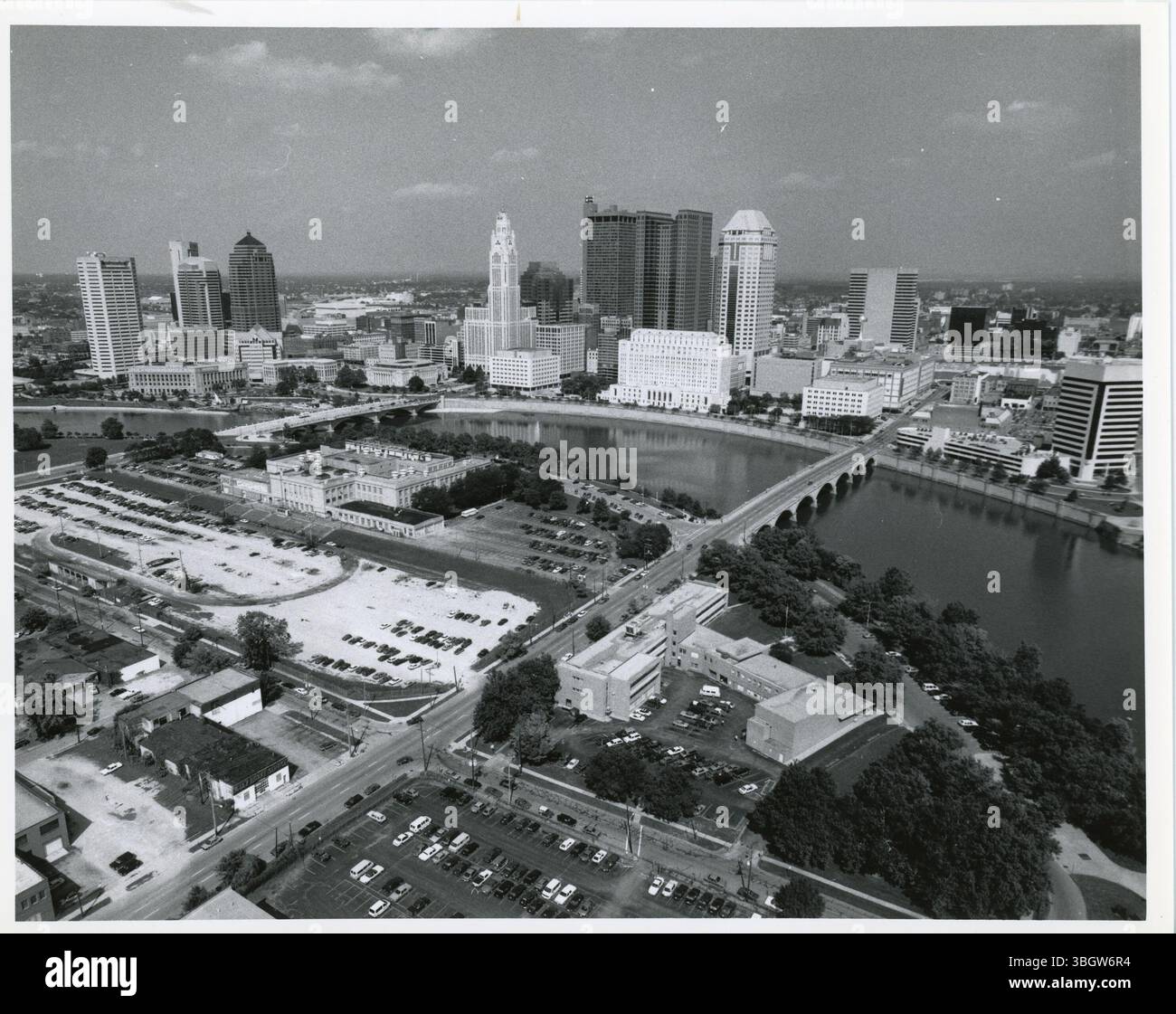 An aerial view of downtown Columbus, Ohio, shows the Scioto River ...