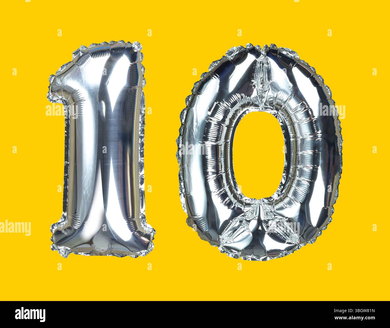 Bright yellow background with shiny silver balloon numbers representing ...