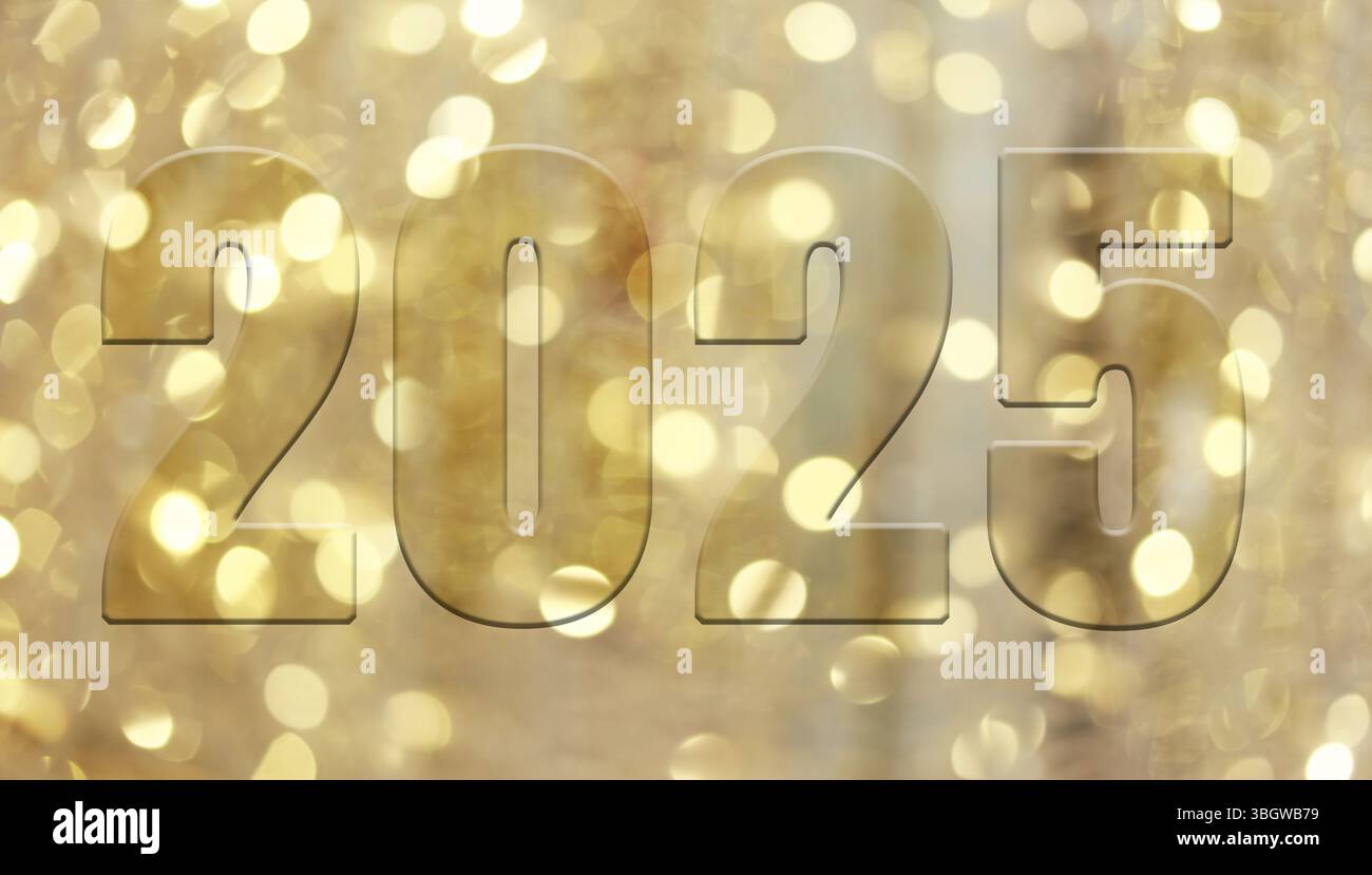 This vibrant image features the year 2025 against a backdrop of shimmering golden bokeh lights ...