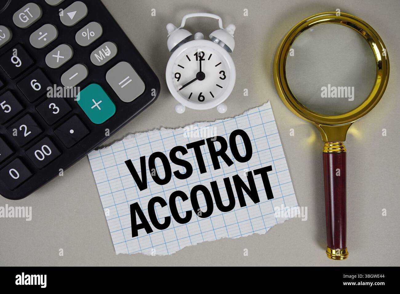 Vostro Account text with alarm clock, magnifying glass anc calculator ...