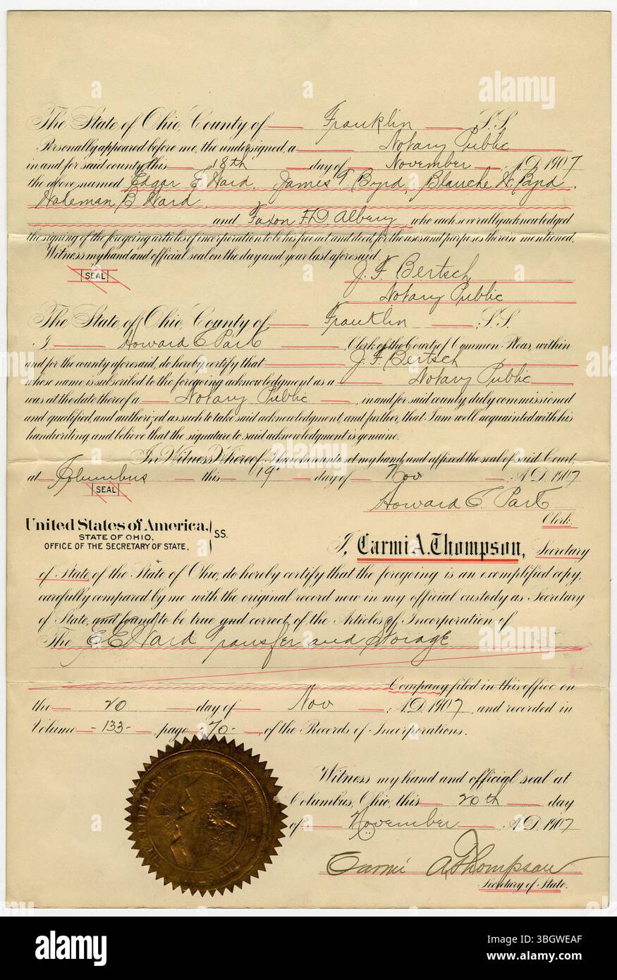 Certificate for the incorporation of E.E. Ward Transfer and Storage ...