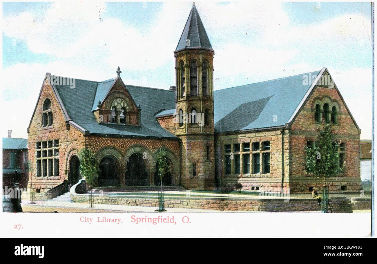 A 1908 colored print showing the City Library building in Springfield ...
