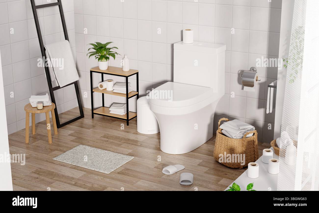 Stylish overhead view of modern bathroom with advanced toilet and ...