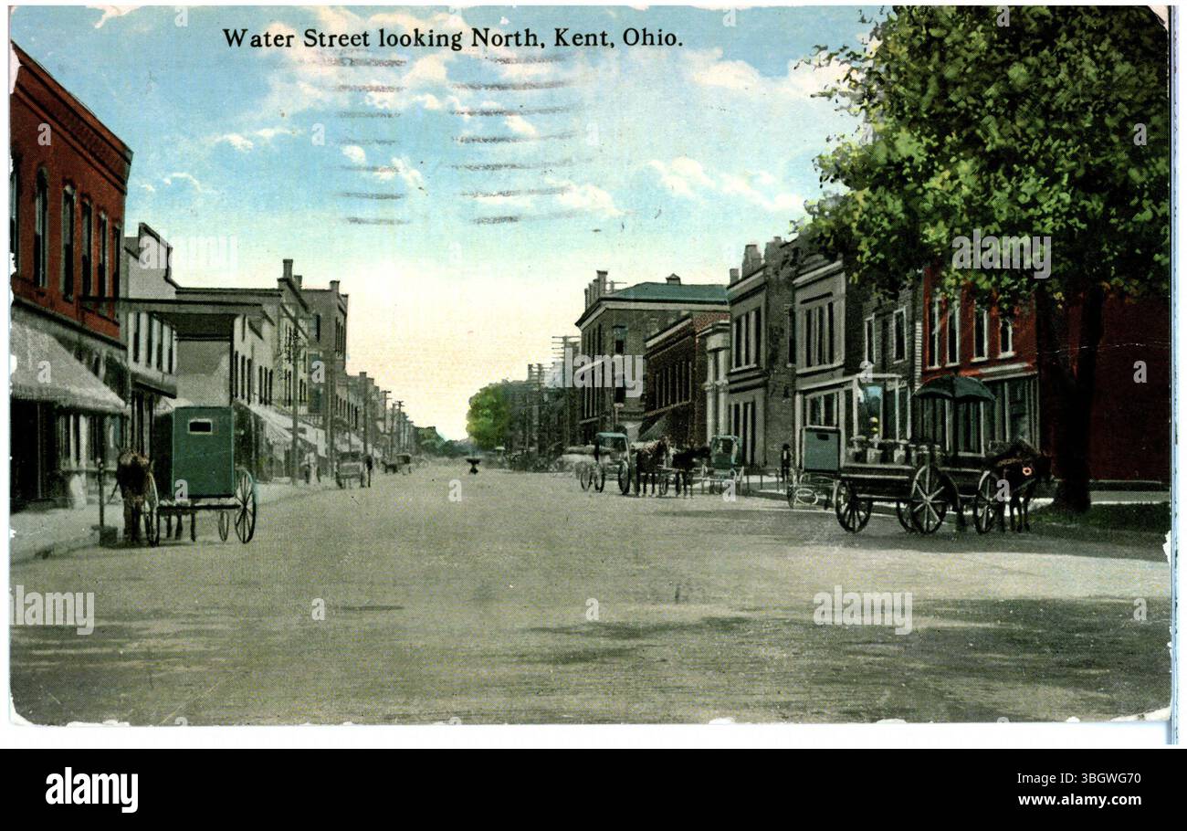 A 1921 photograph of Water Street in Kent, Ohio, showing a northward ...