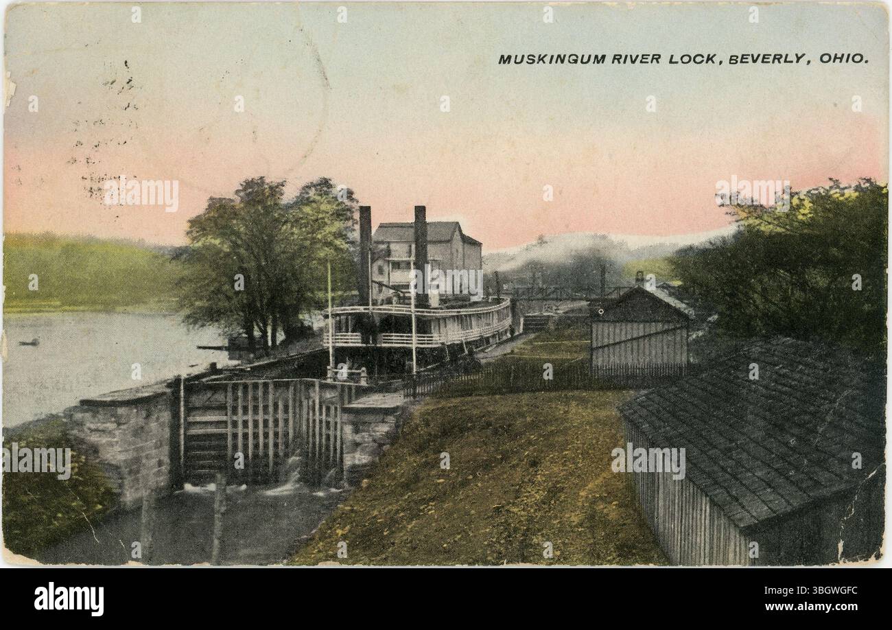 A color postcard from the 1900s showing a lock on the Muskingum River ...