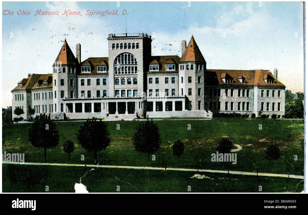 A 1910 colored print showcasing the Ohio Masonic Home in Springfield ...