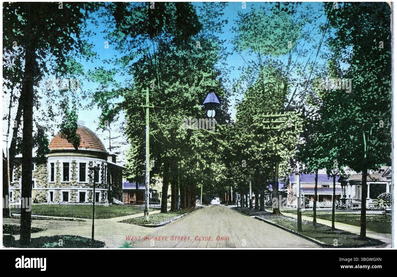 A 1909 view of West Buckeye Street in Clyde, Ohio, featuring the Public ...