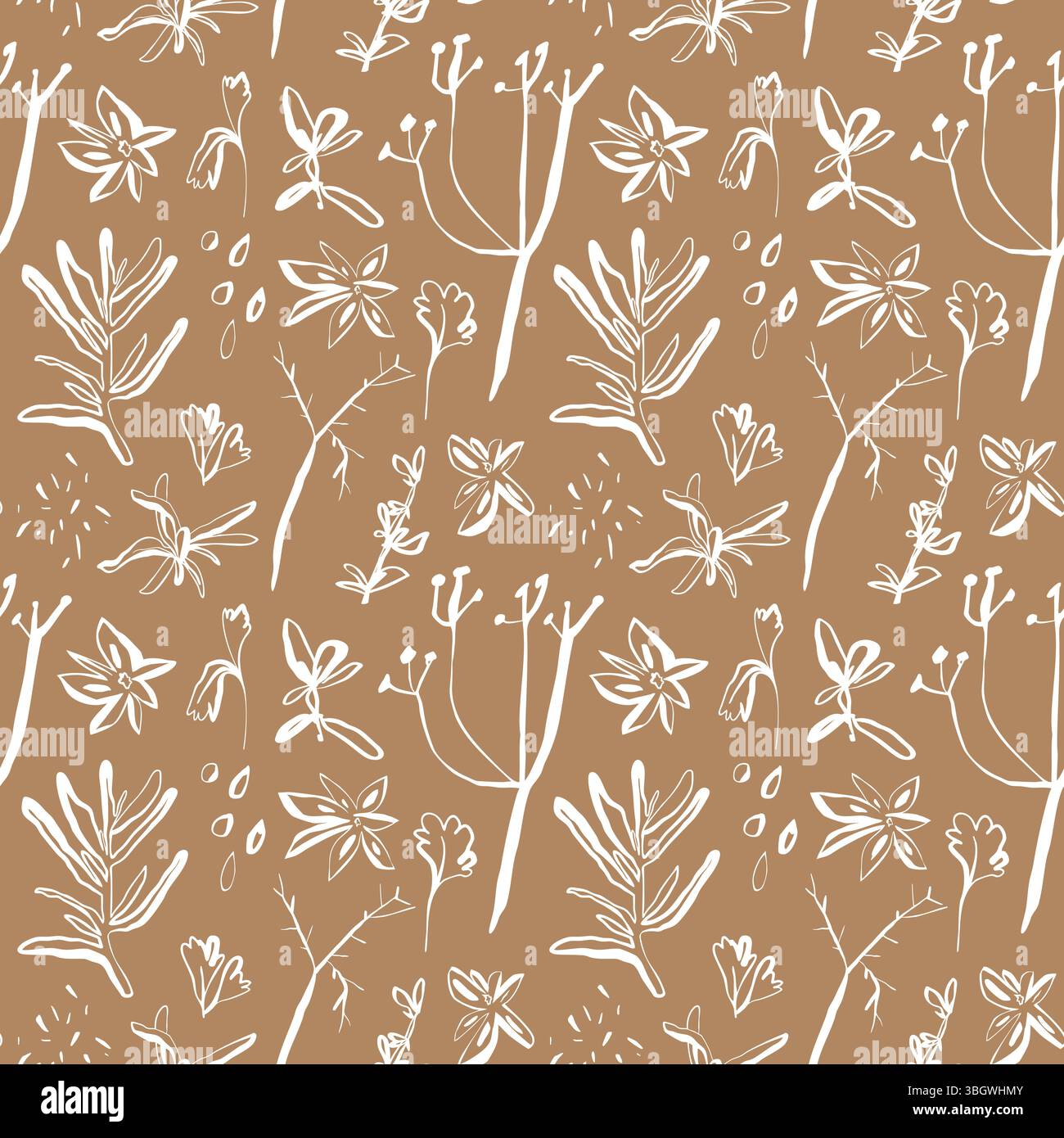 Hand drawn white spice pattern with anise and herbs on brown background ...