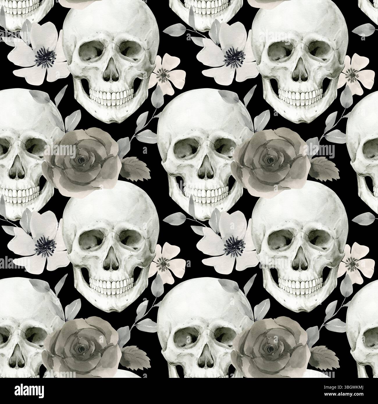 Seamless pattern of human skulls isolated on background. Watercolor ...