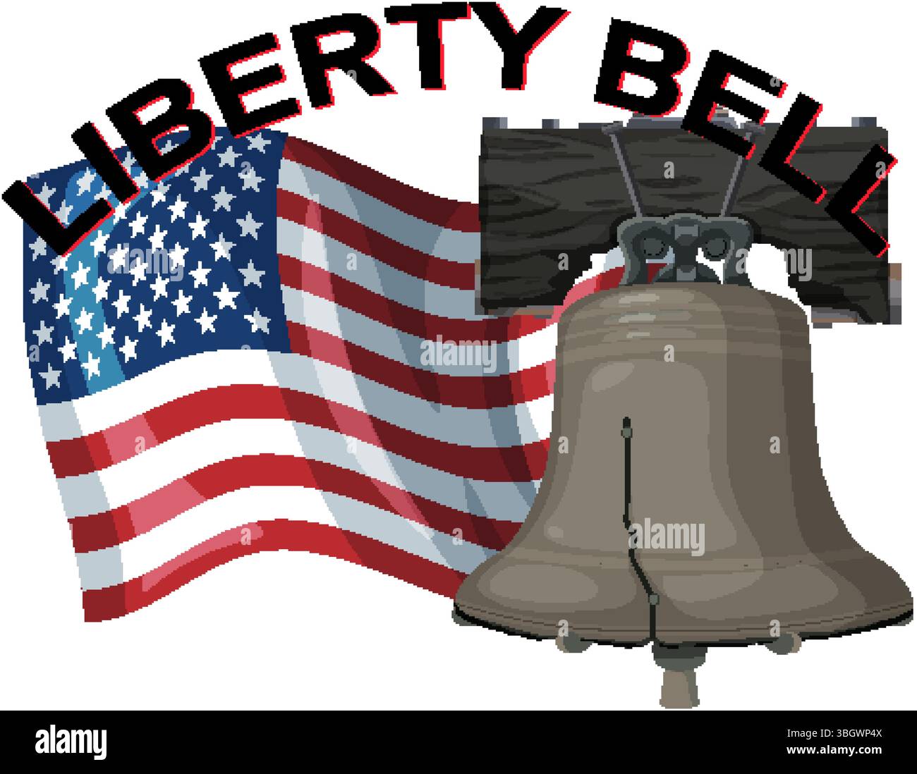 Vector illustration of the Liberty Bell with a waving American flag ...